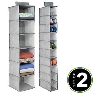 mDesign Fabric Over Rod Hanging Closet Storage Organizers, Includes a Wide 6-Shelf Sweater Organizer, and a Narrow 10-Shelf Shoe Rack - Textured Print - Set of 2 - Gray