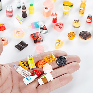 50 Pcs Miniature Food Drink Bottles Soda Pop Cans Pretend Play Kitchen Game Party Accessories Toys Hamburg Cake Ice Cream for 1/12 Doll House (25Food+25Drink)