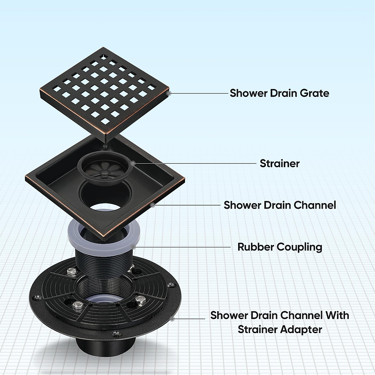 TICONN 4'' Square Floor Shower Drain, Lattice Square Perforated Pattern Easy Cleaning Removable Grate, Rustproof SUS 304 Stainless Steel (Oil Rubbed Bronze, 4'')