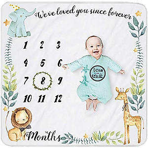 Yoothy Safari Baby Monthly Milestone Blanket for Boy and Girl, Gift for Baby Shower, Baby Photo Blanket for Pictures, Wreath &12 Stickers Included, Soft Flannel Blanket, Elephant, Lion 40''x 40''