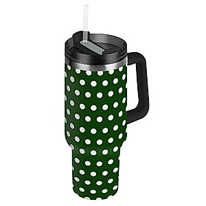 Flradish 40oz Tumbler with Handle, Polka Dots Hunter Green White Stainless Steel Tumbler with Lid and Straws Double Wall Vacuum Insulated Leakproof Coffee Travel Mug