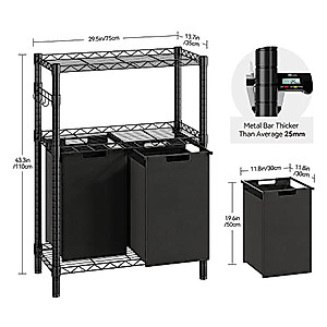 Laundry Sorters with 2 X 45L Laundry Bags & 2 Tier Adjustable Storage Shelf, Pull-Out and Removable Oxford Fabric Laundry Baskets, Black