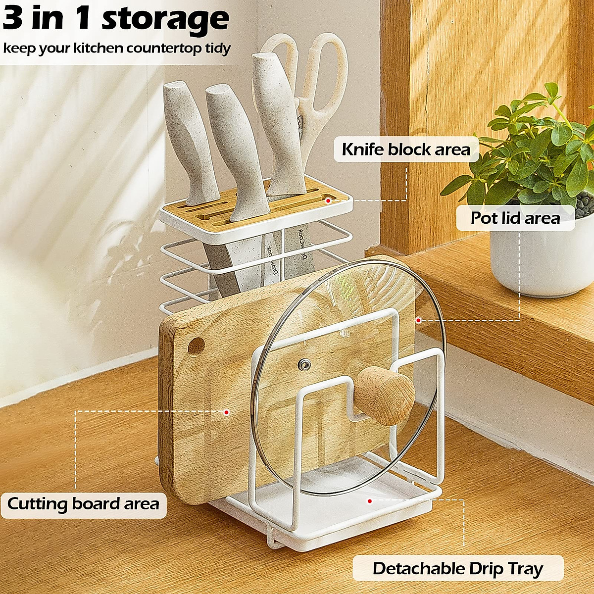 Poeland Cutting Boards Knife Organizer, 3 in 1 Kitchen Organizer Rack, Kitchen Utensils Rack Chopping Boards/Knives/Pot Pan Lid Storage with Drip Tray, White