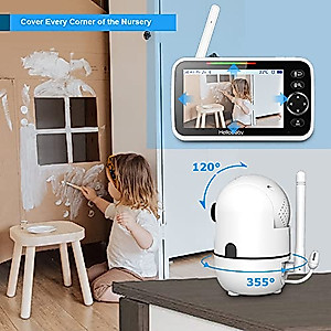 HelloBaby Monitor, 5''Display with 30-Hour Battery, Pan-Tilt-Zoom Video Baby Monitor with Camera and Audio, Night Vision, 2-Way Talk, Temperature, 8 Lullabies and 1000ft Range No WiFi, Ideal for Gifts