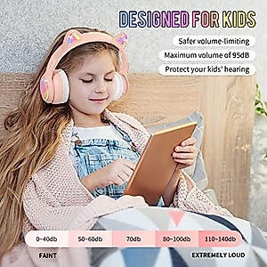 Cat Ear Headphones for Children IFECCO Cute Bluetooth Wireless Headset On-Ear with Led Light Up for Kids Girls Boys School Travel (Pink)