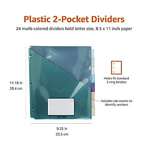 Amazon Basics Two Pocket Plastic Dividers, 8 Tab Set, Multicolor, Pack of 3 Sets