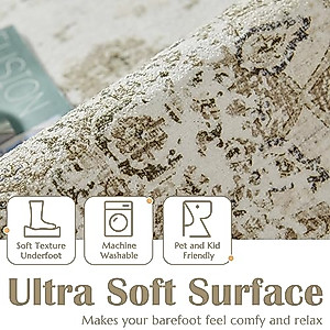 jinchan Washable Area Rug 8x10 Low Pile Living Room Vintage Rug Stain Resistant Floral Medallion Distressed Carpet Ultra-Thin Non Slip Indoor Carpet for Kitchen Bedroom Dining Room Farmhouse Taupe