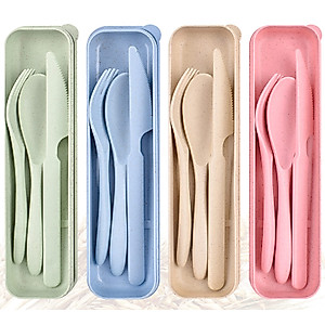 Reusable Travel Utensils Set with Case, 4 Sets Wheat Straw Portable Knife Fork Spoons Tableware, Eco-Friendly Cutlery for Kids Adults Travel Picnic Camping or Daily Use (Green, Beige, Pink, Blue)
