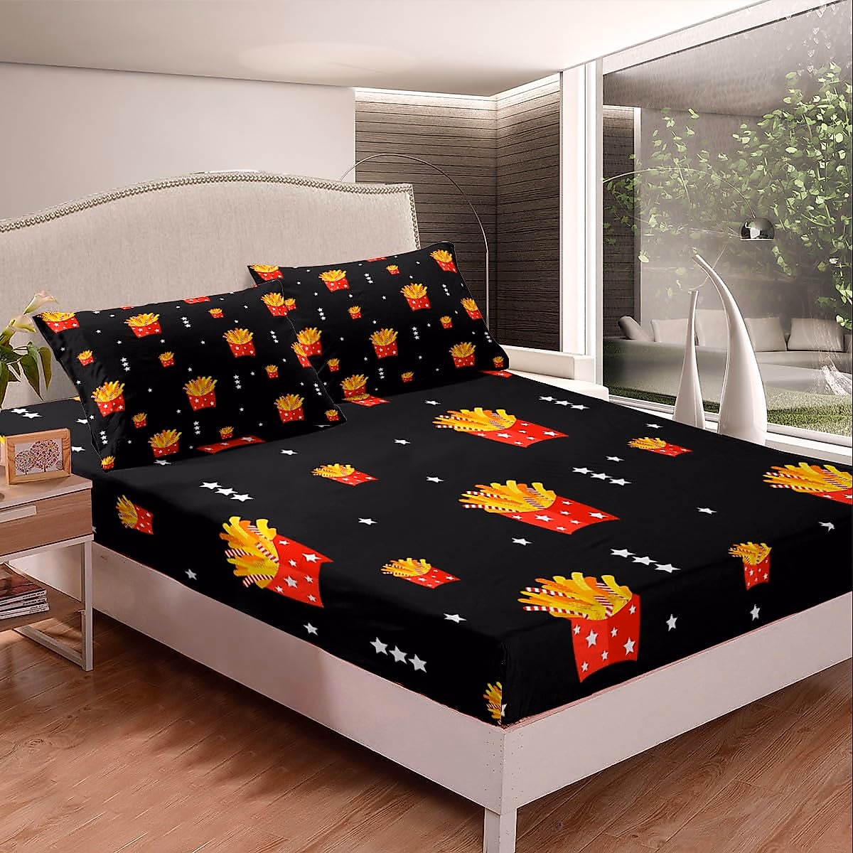 French Fries Print Fitted Sheet Full Size Snacks Bed Sheet Set for Boys Girls Teens Bedroom Decor Fried Food Print Bedding Set Women Men Star Print Bed Cover with 2 Pillow Case