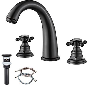 8 inch Widespread Bathroom Faucet 3 Hole Oil Rubbed Bronze Double Cross Handle Mixer Bathroom Sink Tap Deck Mount Hot Cold Water Matching Pop Up Drain with Overflow