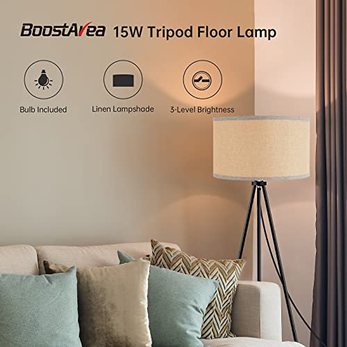 BoostArea Floor Lamp for Living Room, Tripod Floor Lamp, 15W LED Bulb, 3 Levels Dimmable Brightness, Gray Linen Lamp Shade, Mid Century Standing Lamp for Living Room, Bedroom, Study Room and Office