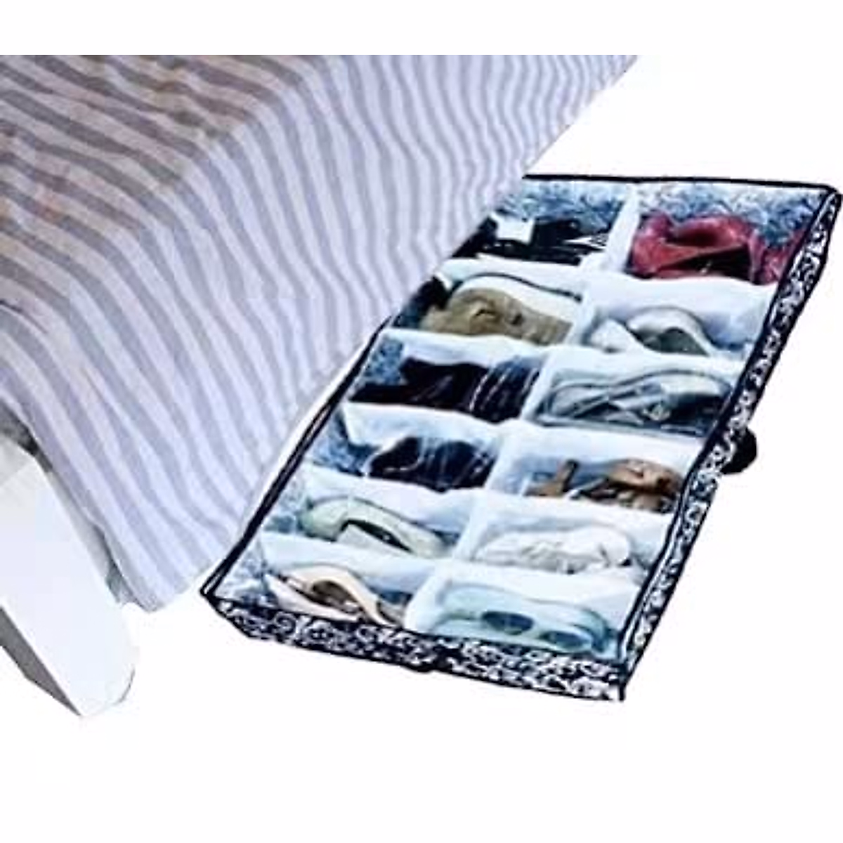 Shonpy Men/Woman 12 Cells See Through Underbed shoes and boots Storage Bag Organizer with black and white flower (black)