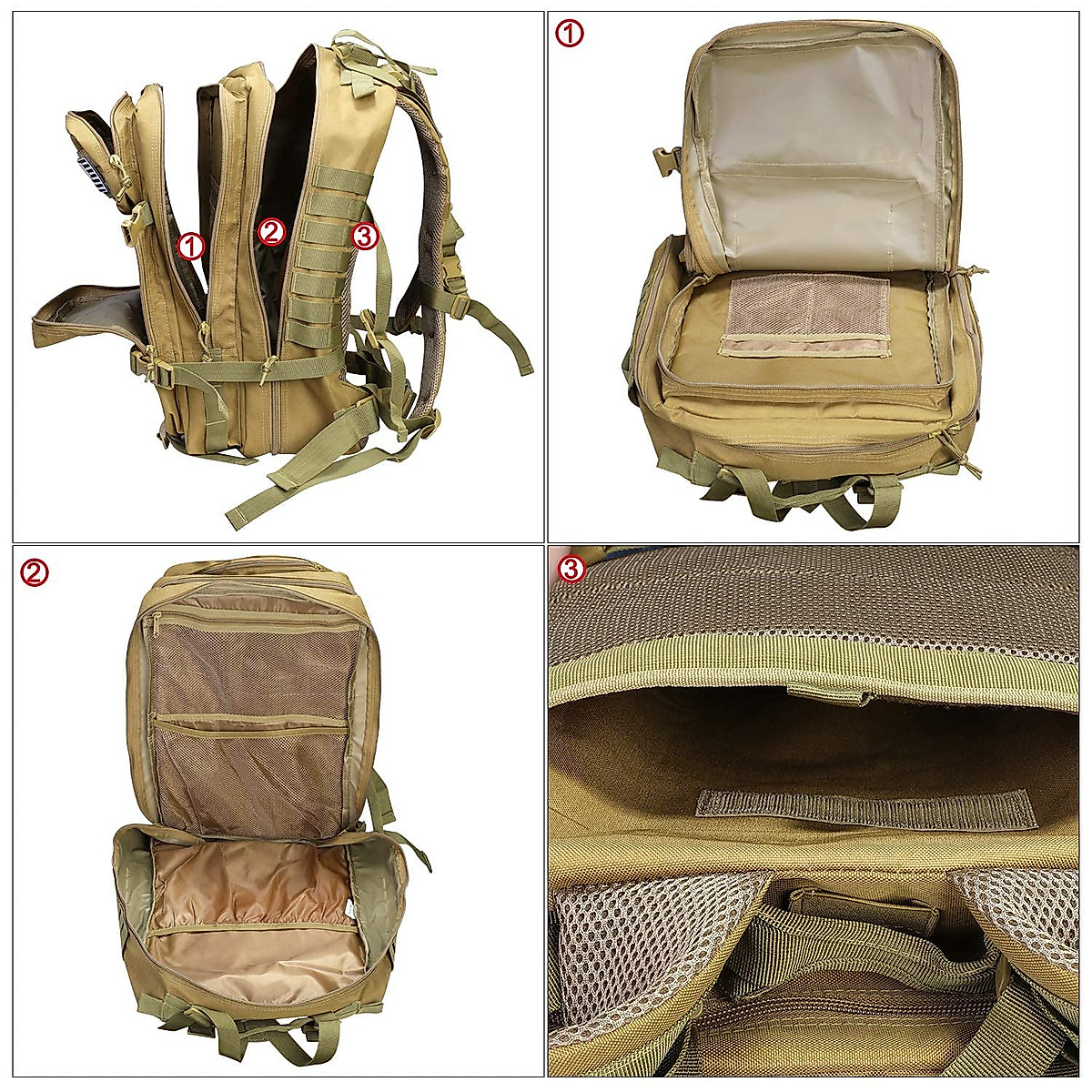 Prospo 40L Military Tactical Shoulder Backpack Assault Survival Molle Bag Pack Fishing Backpack for Tackle Storage (Black + Khaki)