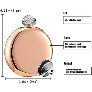 Booze Shot Flask for Women- AB Crystal Lid Creative 304 Stainless Steel Wine Alcohol Liquor Flask for Women Girls Men Party Hand size Hip Flask Glitter coating Whiskey Flasks-5OZ (Rose Gold)