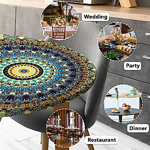Round Fitted Tablecloth with Elastic Round Outdoor Tablecloths Fitted Table Covers for Round Tables Waterproof Reusable Vinyl Table Cloth for Indoor and Outdoor (Teal, S-(36''-44''))