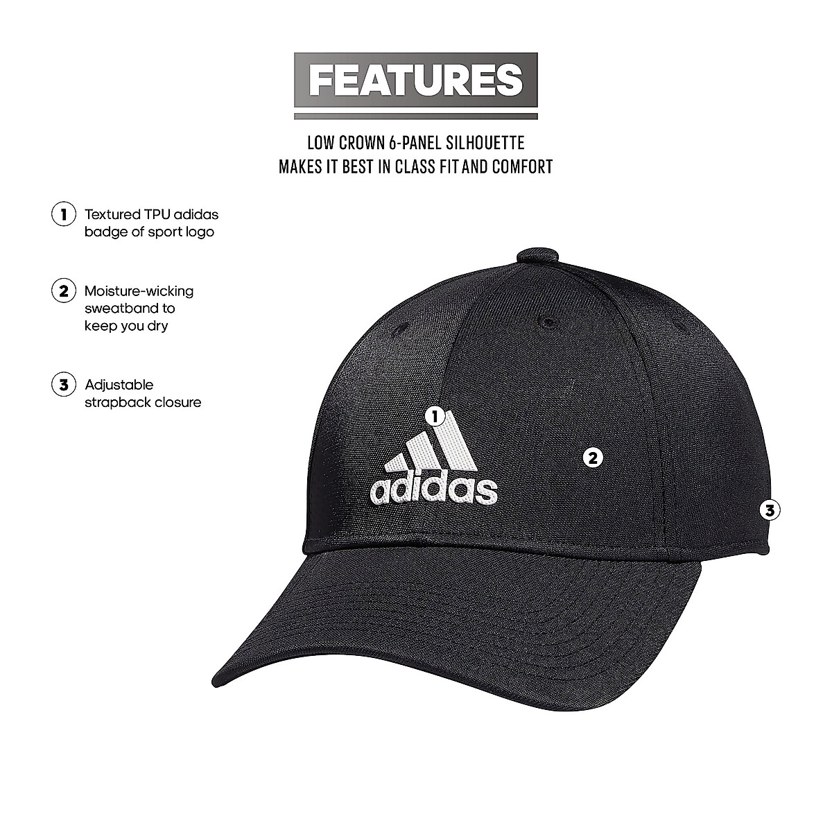 adidas Men's Decision Structured Low Crown Adjustable Fit Hat, Black/White, One Size