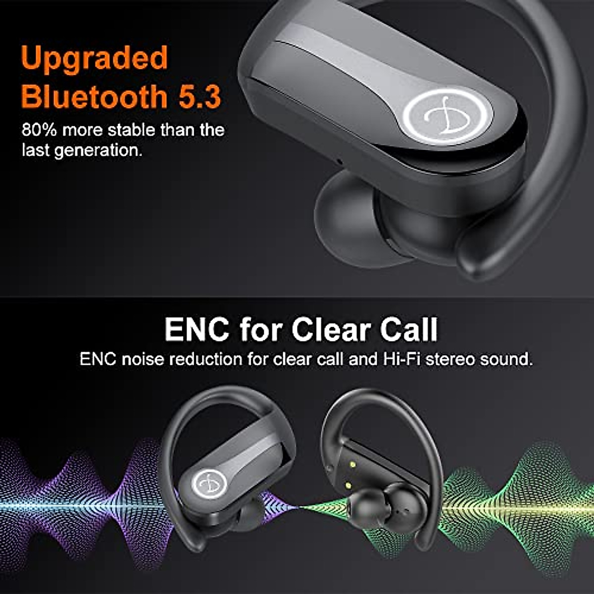 Wireless Earbuds, Bluetooth 5.3 Headphones 50H Playtime Sports Earphones Over-Ear Earhooks Headset with LED Display, ENC Mic, IP7 Waterproof Ear Buds for Workout, USB-C, Gym, Running, Black (2023 New)