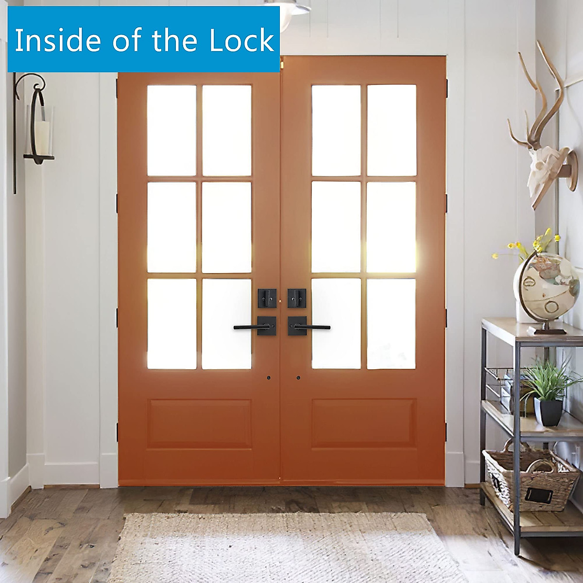 NeuType Double Door Handle Sets with Deadbolt Entry Door Locksets Single Cylinder HandleSet with Straight Handle Lower Half Grip, Black