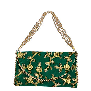 Truesellershop Indian Women's Stylish Zari Velvet Clutch Golden Embroidery Tote Bag Wrist Bag Purse Pearl Handle Evening Clutch Wedding Purse for Girls (Green)