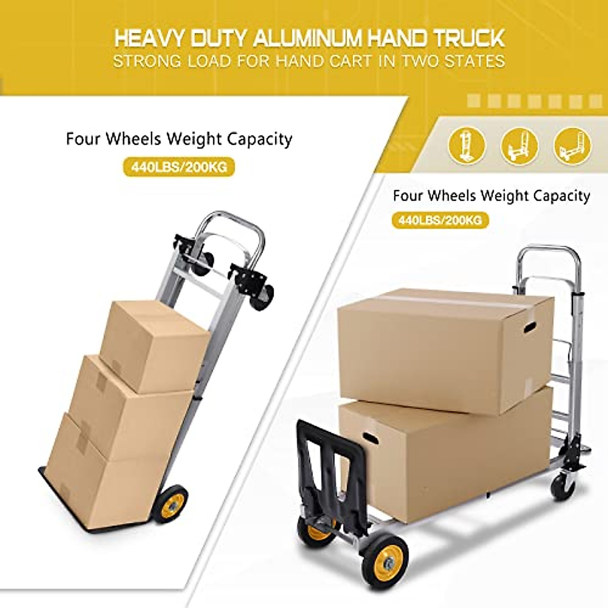 Oyoest Aluminium Hand Truck Dolly Heavy Duty 440lbs Capacity 2 in 1 Convertible Folding Hand Truck with Pneumatic Wheels and Telescoping Handles,Portable Dolly Cart with Bungee Cords for Moving.
