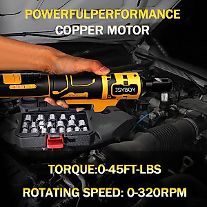JSYBOY 3/8" Cordless Ratchet Wrench Set, 45FT-LBS Electric Ratchet 320RPM Power Ratchet Wrench with Variable Speed, LED Light, 3/8" to 1/4" Sealed Head Ratchet, Bare Tool Only