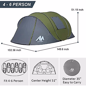 6 Person Easy Pop Up Tents for Camping - AYAMAYA Double Layer Waterproof Instant Tent with Vestibule & Porch, Large Size Family Automatic Setup 4-6 People Hiking (Poles Included)