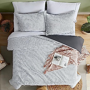 WRENSONGE Duvet Cover Queen, White Boho Duvet Cover Set with Zipper Closure, 3 Pieces Soft Washed Striped Tufted Bedding Duvet Covers for All Season (90"x90")