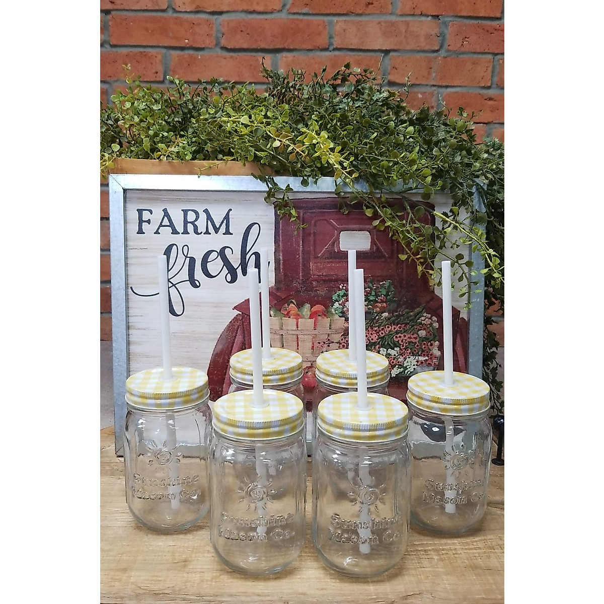 Sunshine Mason Co. Glass Mason Jar set with Yellow Gingham lids and White Straws, Set of 6