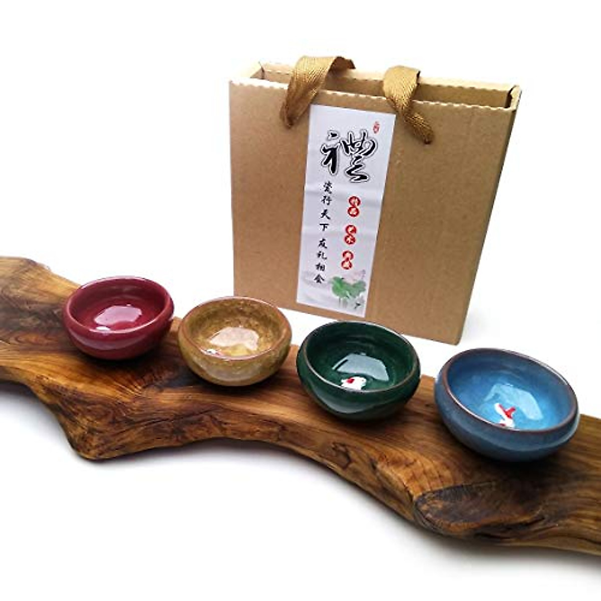 LENITH Korean Soju Glasses Sets, Cute Fish in the Glass, Wooden Soju Cup, Handcrafted Ceramic 4 Colors Fish in the Glasses, Also for Whiskey,Tequila, and Sake. (Fish in the glass(4 Color))