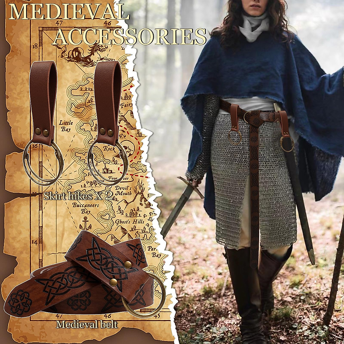 SUMGOGO Skirt Hikes Renaissance Medieval Keyring Belt Hook Loop Wrist Waistband Accessory Ren Faire LARP Cosplay Costumes (Brown With Belt)