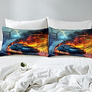 Erosebridal Race Car Duvet Cover Twin,Golden Flame Racing Car Bedding Set for Kids Boys Girls,Sports Car Lightning Comforter Cover Lightweight,Storm Automobile Quilt Cover with 1 Pillow Sham