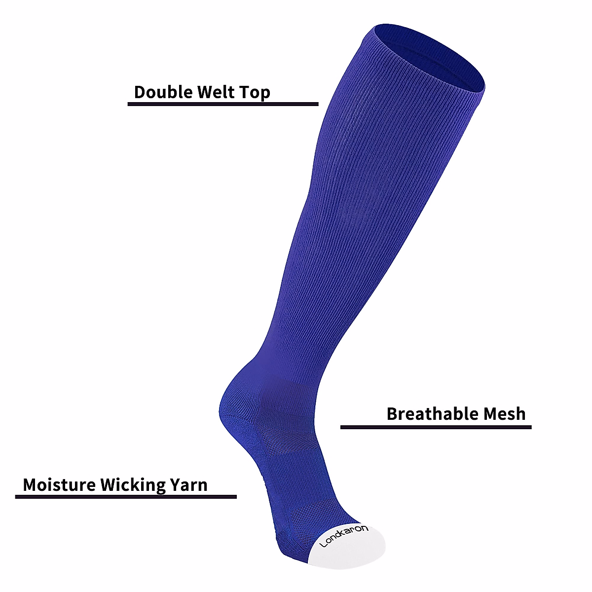 Londkaron Elite Soccer Socks (3 Pairs) Team Sport Knee High Socks for Youth & Adult (Royal/White, Medium)