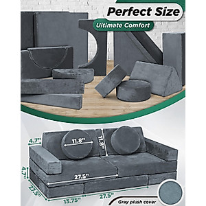 Lunix LX15 14pcs Modular Kids Play Couch, Child Sectional Sofa, Fortplay Bedroom and Playroom Furniture for Toddlers, Convertible Foam and Floor Cushion for Boys and Girls, Gray