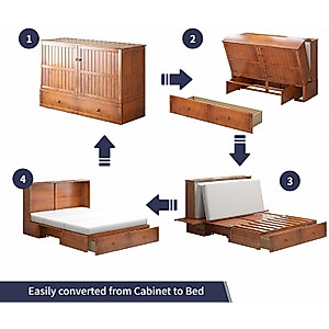 Queen Size Murphy Bed,Cube Chest Cabinet Bed with Charging Station & 3 Level Foldable Memory Foam Mattress & & Large Drawer for Guests/Bed Room (Cherry)