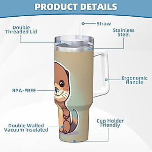 HULIBIN Cartoon Cute Otter Print Double Deck Stainless Steel Travel Coffee Cup With Lid 40 Oz Ice Bully Cup