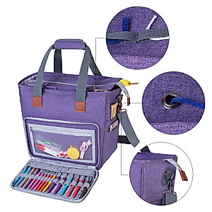 LUXJA Knitting Bag with Shoulder Straps, Yarn Bag for Carrying Projects, Knitting Needles, Crochet Hooks and Other Accessories, Purple