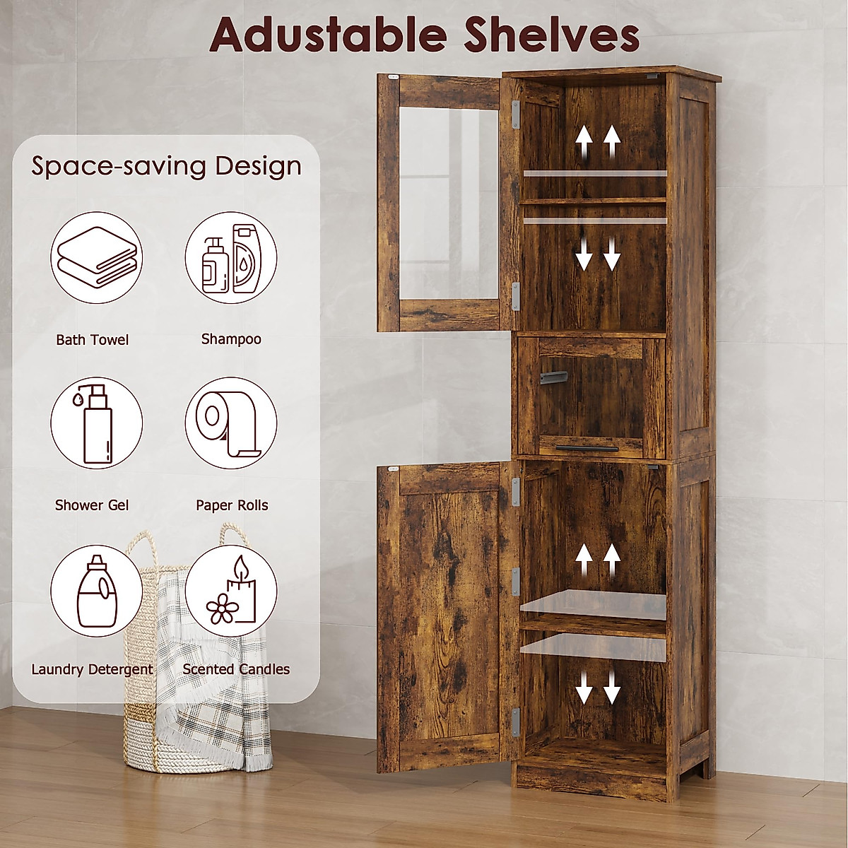 IDEALHOUSE Slim Bathroom Storage Cabinet, 67" Tall Cabinet with Doors and Shelves, Freestanding Narrow Bathroom Linen Cabinet for Laundry Room, Kitchen, Living Room, Small Spaces, Rustic Brown