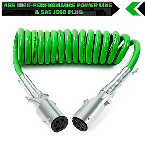 Cheemuii 7 Way Coiled Trailer Cord 15 FT Green ABS Electrical Power Coil Heavy Duty Cable Power Wire for Semi Trucks Tractors