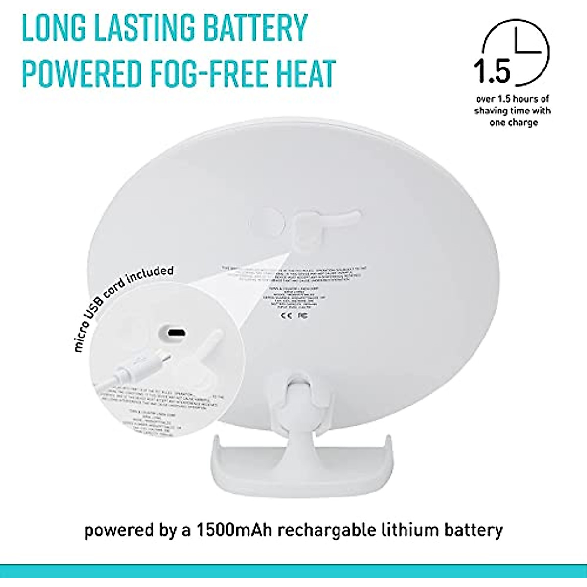 Airia Living Battery Powered Heated Glass Fogless Efficient Shaving Mirror Shatterproof Shower Mirror with 3M Tape, Razor Holder, & 360 Swivel, Black 7.1" x 8.7"