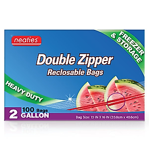 Neaties Heavy Duty 2 Gallon Double Zip Lock Bags for Kitchen or Storage, Food Storage Freezer Slider Bags 13"x16", 100pcs