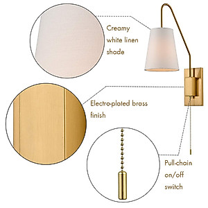 JEENKAE Modern Plated Brass Gold Plug-in Wall Sconces Set of Two Fabric Shade Bedroom Wall Lamp with Pull Chain Switch