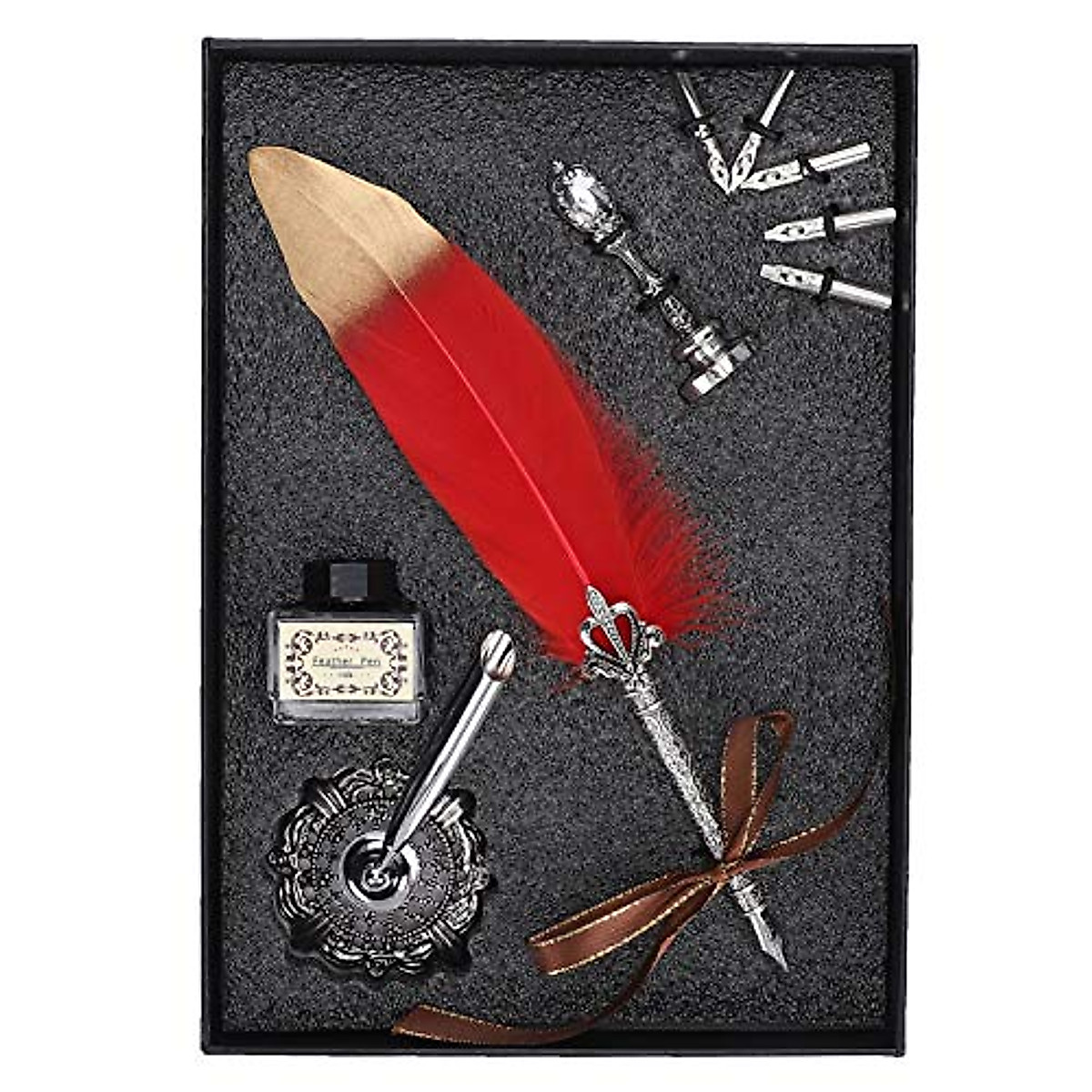 GLOGLOW Feather Pen Set, Vintage Calligraphy Writing Pen Kit with 5pcs Replacement Nib, Seal, Empty Ink Bottle for Office Stationery(Red)