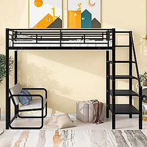 Twin Size Loft Bed with Storage Staircase and Bench, Metal Twin Loft Bed Frame for Kids Teens, Twin High Loft Bed, Metal Loft Bed with Full Length Guardrail and Slat (Twin, Black)