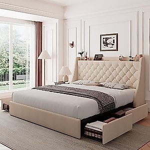 Feonase Queen Bed Frame with 4 Storage Drawers, Type-C & USB Port and Charging Station, Upholstered Wingback Headboard and Storage Shelf, No Box Spring Needed, Easy Assembly, Beige