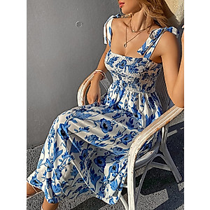MakeMeChic Women's Summer Boho Dress Casual Floral Print Spaghetti Strap Square Neck Long Maxi Dress Beach Sun Dress A Blue and White M