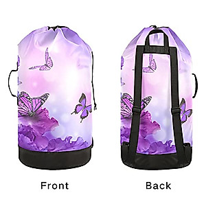 Laundry Bag, Butterfly Purple Large Laundry Backpack Dirty Clothes Organizer with Adjustable Shoulder Straps for College Dorm, Apartment, Travel Camp