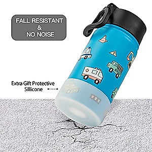 SEMOZOZO Water Bottle with Straw, Kids Water Bottle with Wide Rotating Handle Straw Lid, Wide Mouth Vacuum Insulated Stainless Steel Water Bottle for school ，The blue car