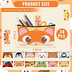 Hosuly 24 Pcs Bulk Cartoon Zipper Pencil Case Pouch Cute Cartoon Animal Pen Bag Multicolored Cat Bear Shark Bunny Canvas Pencil Pouch Organizer for Boy Girl Stationary Storage School