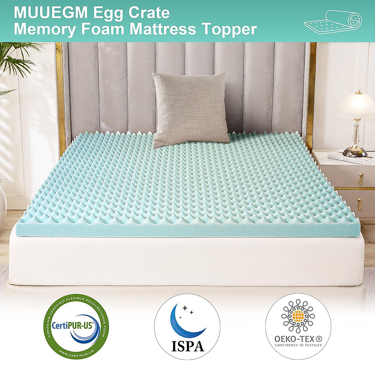 MUUEGM 2 Inch Egg Crate Mattress Topper Memory Foam Mattress Topper King Size,Gel Infused Cooling Ventilated King Mattress Pad Back Pain Relief,Blue