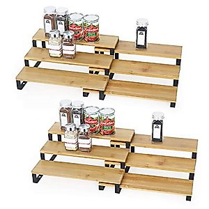 MOOACE 3 Tier Expandable Spice Rack Set, (15.35"-22.2" L) Large 4 Pack Step Shelf Organizer for Cabinet Countertop Pantry Cupboard